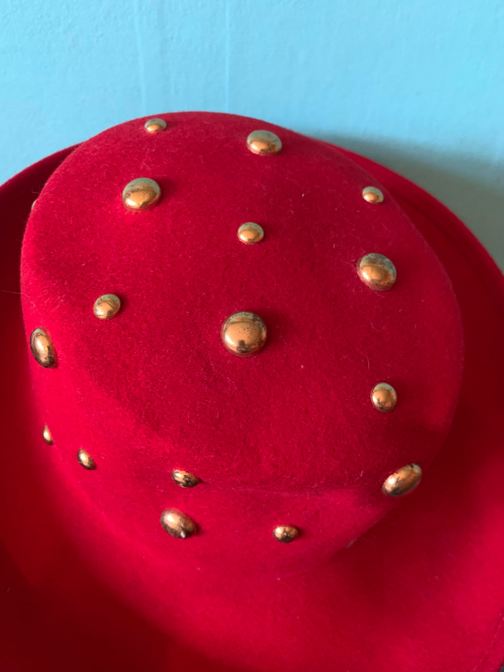 Lipstick Red Wool Hat with Golden Domed Metal Studs circa 1980s ...