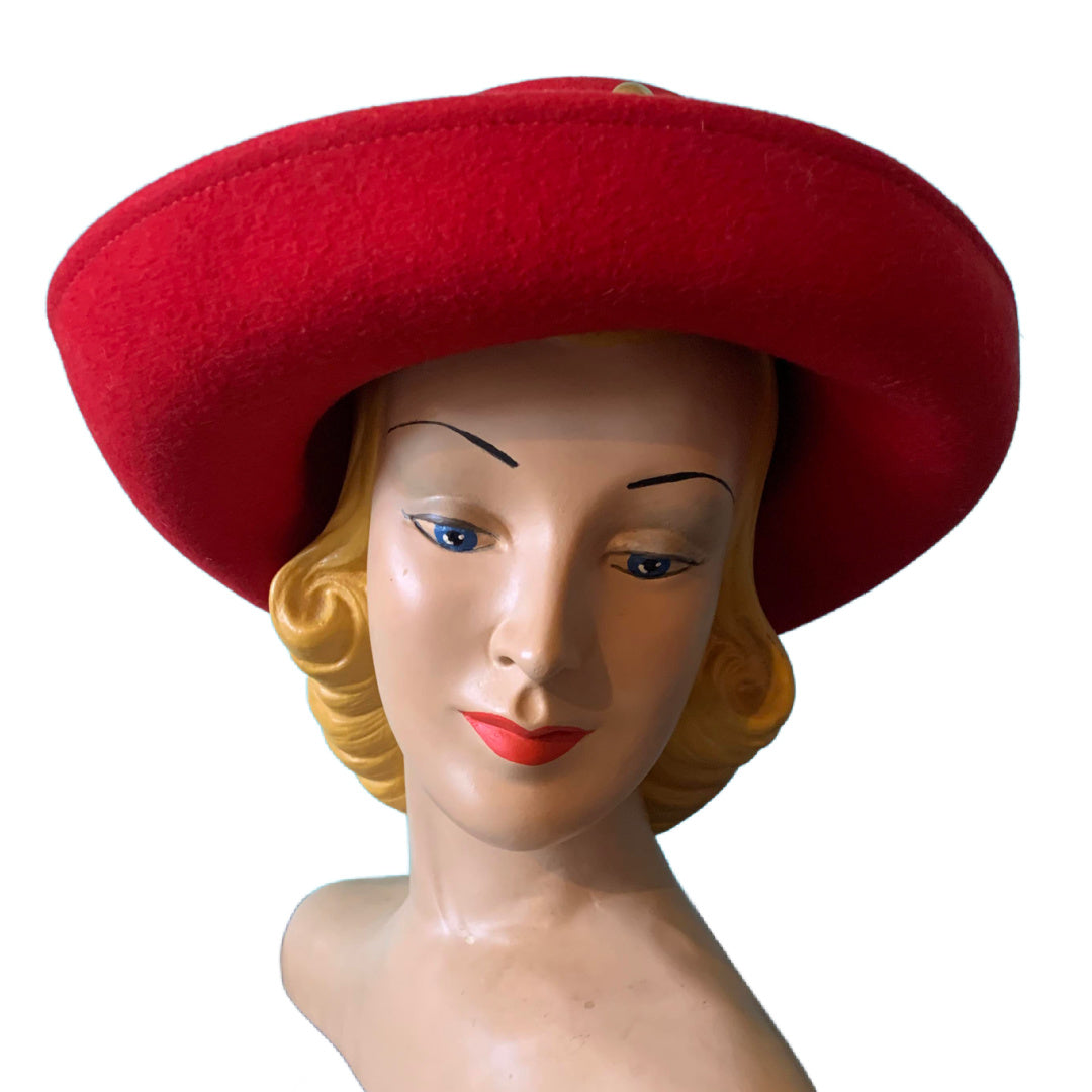 Lipstick Red Wool Hat with Golden Domed Metal Studs circa 1980s ...